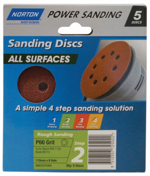 SANDING DISC ALL SURFACES - 115mm x 8 hole - ROUGH P60 - 5 PACK – Blue ...